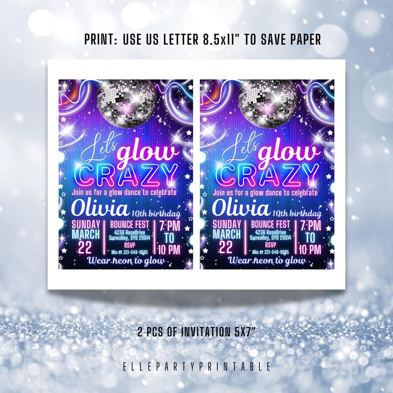 Editable Glow Disco Party Invitation Neon Glow Dance Party Lets Glow ...