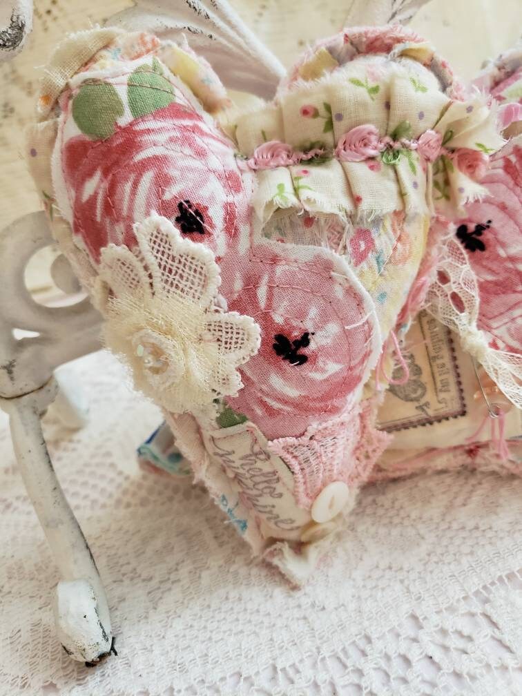 Made to Order Prim Heart Shaped Vintage Pink Floral Quilt Pincushion ...