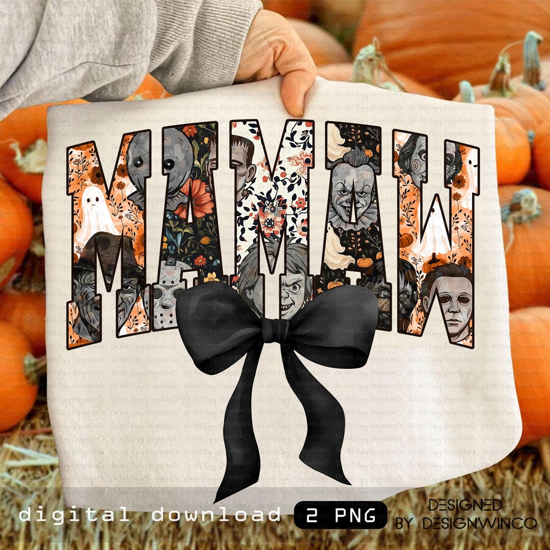 Mamaw Halloween PNG, Horror Movie Characters Floral Pumpkin Bow ...