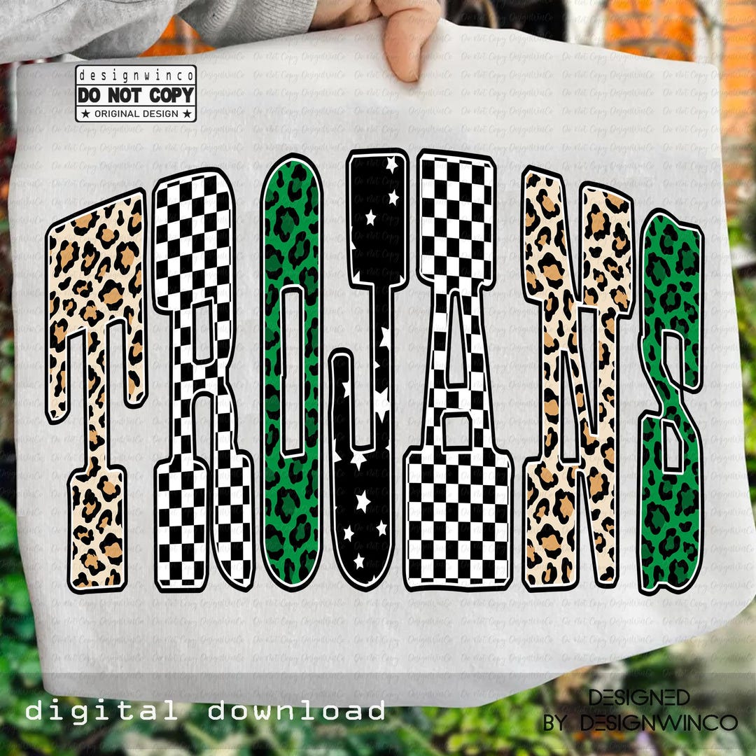 Trojans PNG, Retro Checkered Leopard Star Mascot Letters, Green School ...
