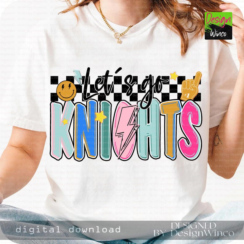 Let’s Go Knights PNG, Checkerboard Lightning Bolt PNG, Retro Y2K School ...
