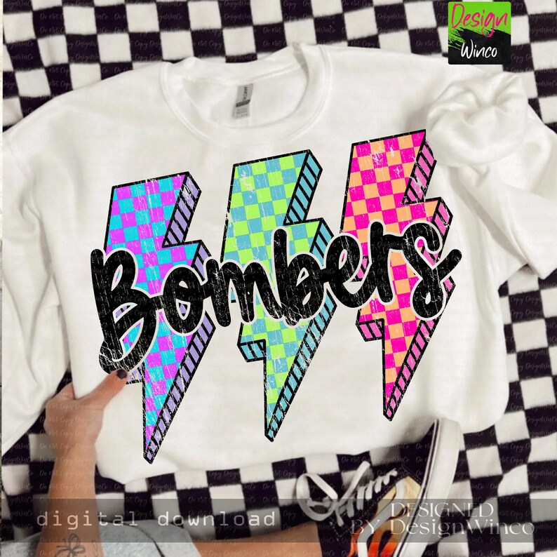 Bombers Png, Checkered Lightning Bolt Png, Retro Bombers Sublimation ...
