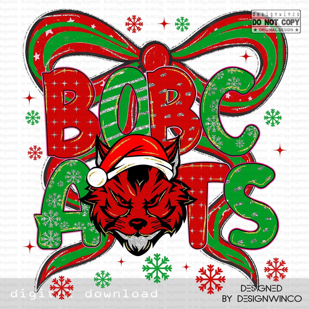 Bobcats Christmas PNG, Santa Hat Mascot With Bow, School Spirit ...