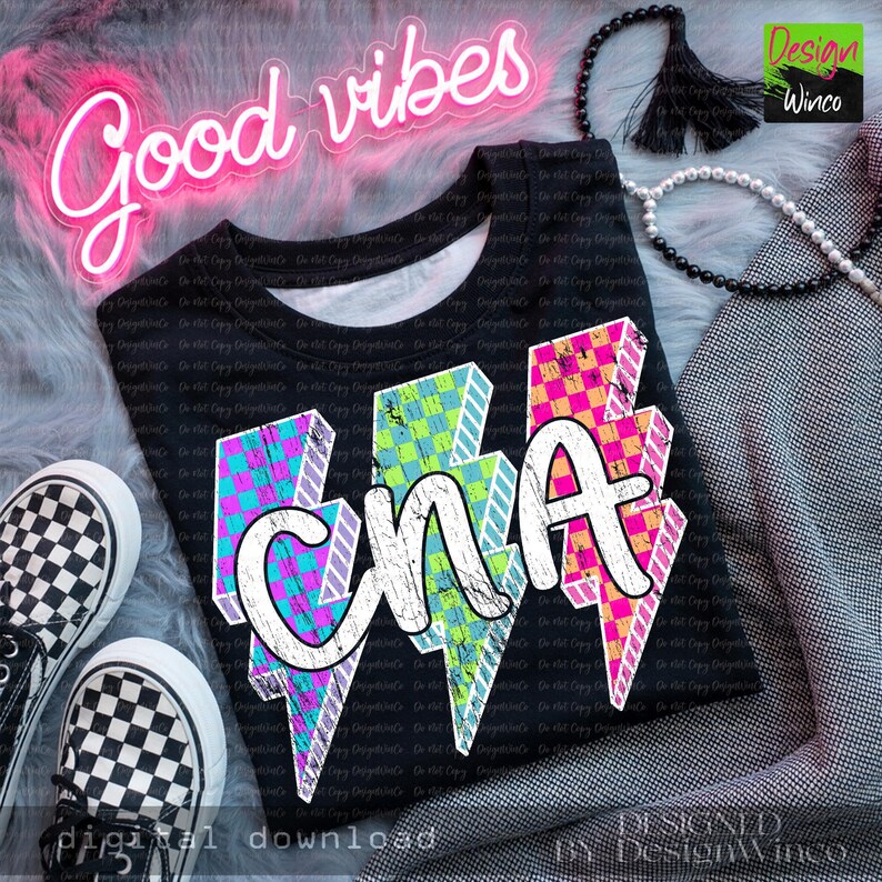 Neon Retro CNA Lightning Bolt PNG for Sublimation, Colorful Checkered ...