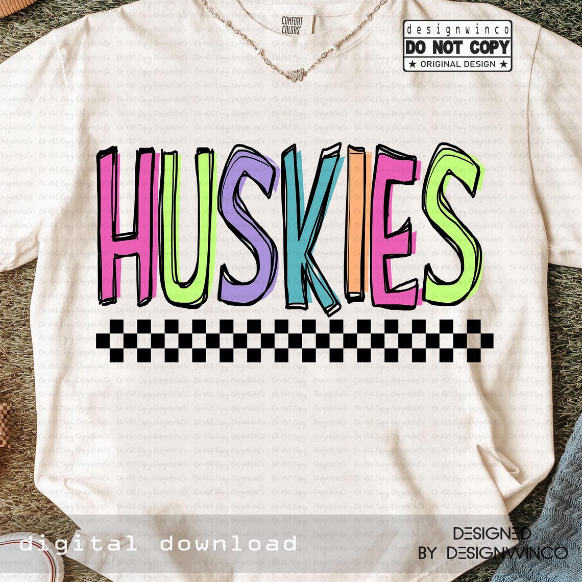 Retro Huskies Mascot PNG, Hand Drawn Colorful Checkered PNG, School ...