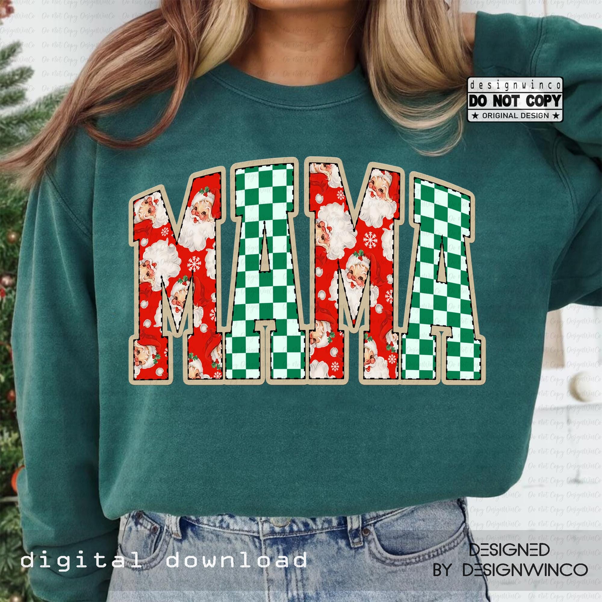 Mama Christmas PNG, Santa Face PNG, Retro Festive Checkered Mama ...