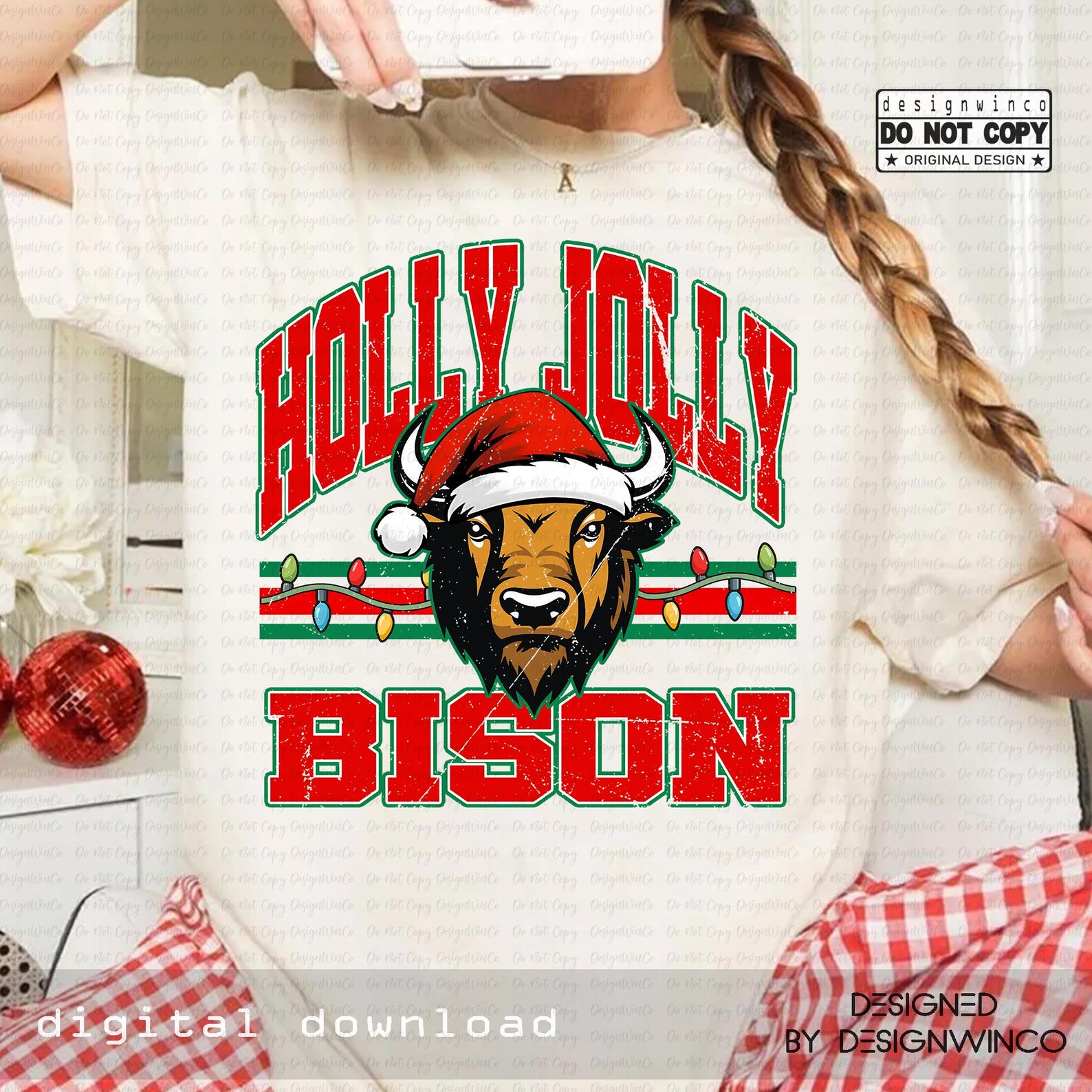 Holly Jolly Bison PNG, Santa Hat Holiday Mascot Design With Christmas ...