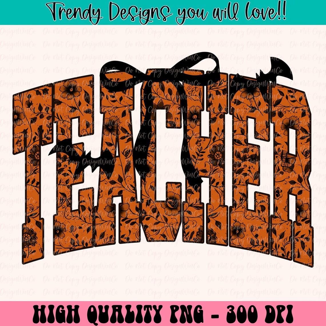 Teacher Halloween PNG, Floral Toile Halloween Bow PNG, Cute Teacher ...