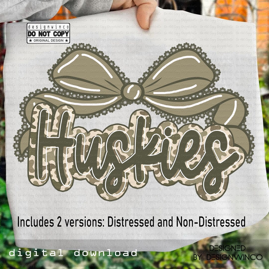 Huskies Mascot PNG, Retro Camo Lace Bow Script Letters, Coquette School ...