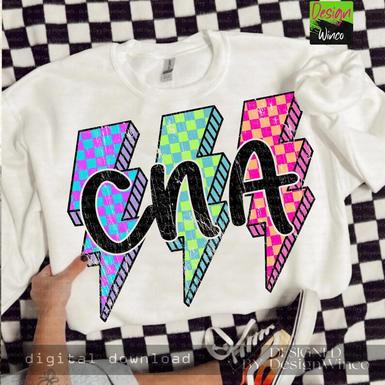 Neon Retro CNA Lightning Bolt PNG for Sublimation, Colorful Checkered ...
