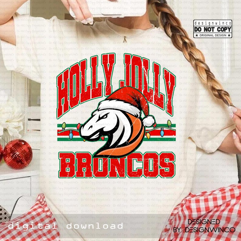 Holly Jolly Broncos PNG, Santa Hat Holiday Mascot Design With Christmas ...