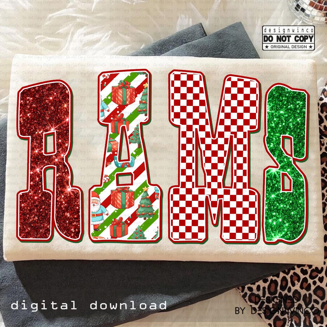 Rams Christmas PNG, School Mascot Sublimation Design, Red Green Glitter ...