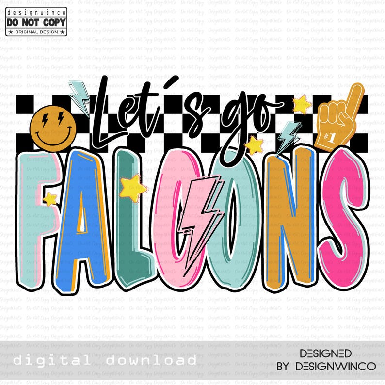 Let’s Go Falcons PNG, Retro Mascot PNG, Lightning Bolt Checkered Spirit ...