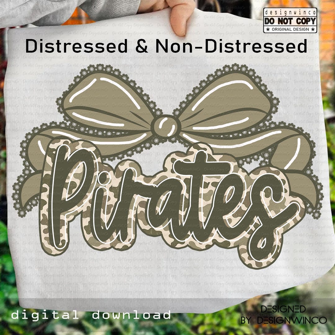 Pirates Mascot PNG, Retro Camo Lace Bow Script Letters, Coquette School ...