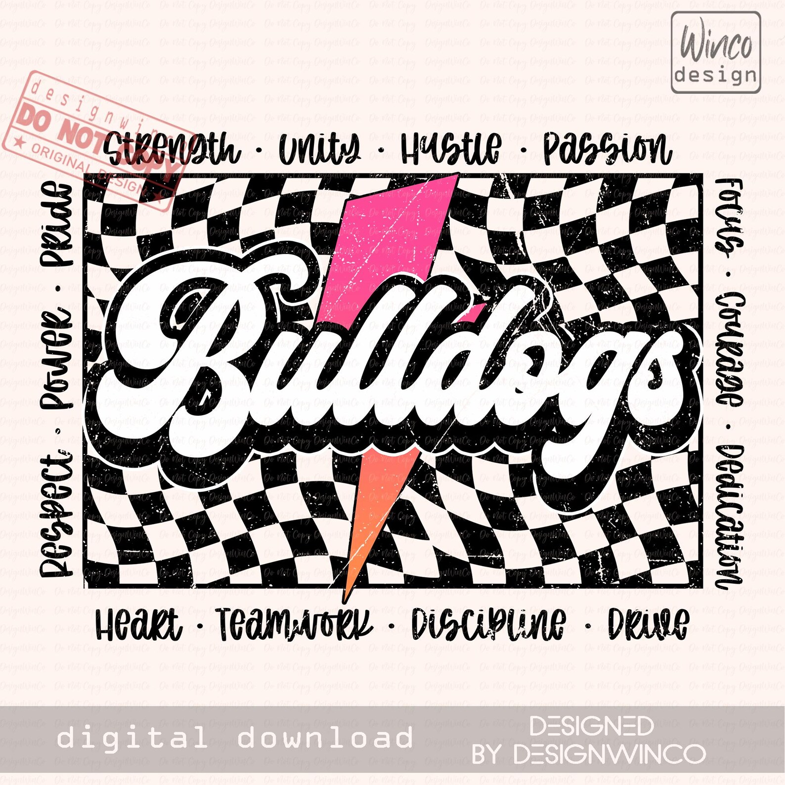 Classic Bulldogs PNG, Retro Script Mascot PNG, Lightning Bolt Checkered ...