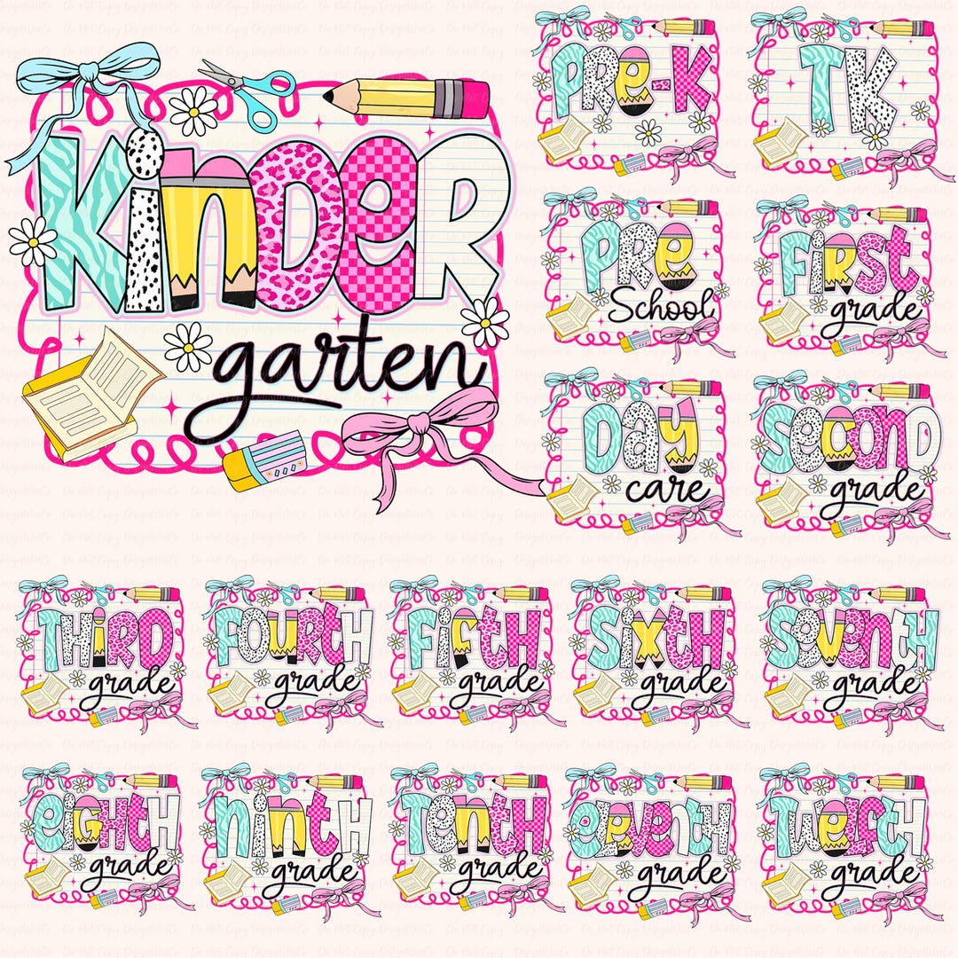 Back to School PNG Bundle, Cute Girly Sublimation File, Pre-k to 12th ...