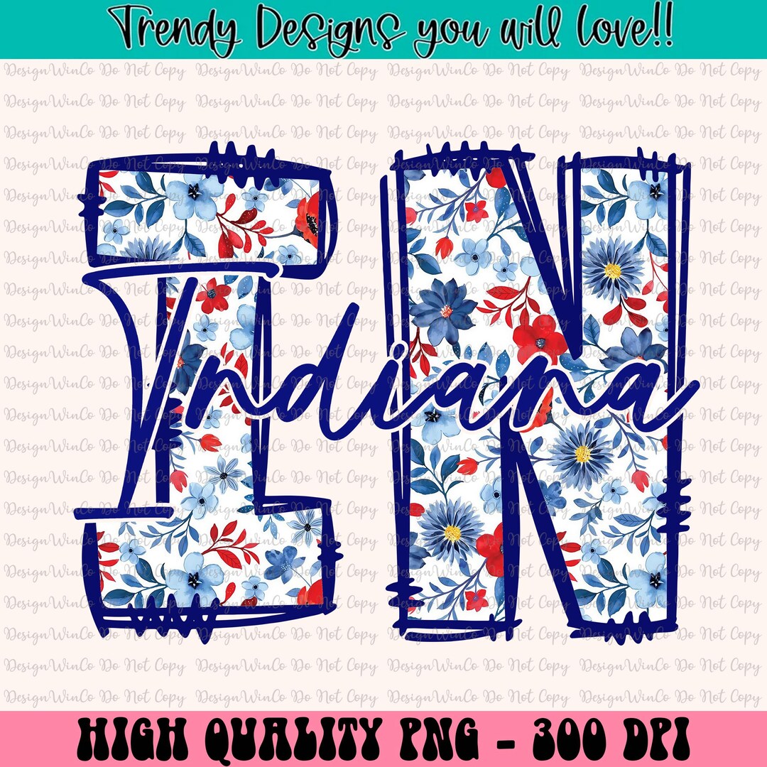 Indiana 4th of July USA PNG, Indiana Floral Toile Red White Blue Water ...