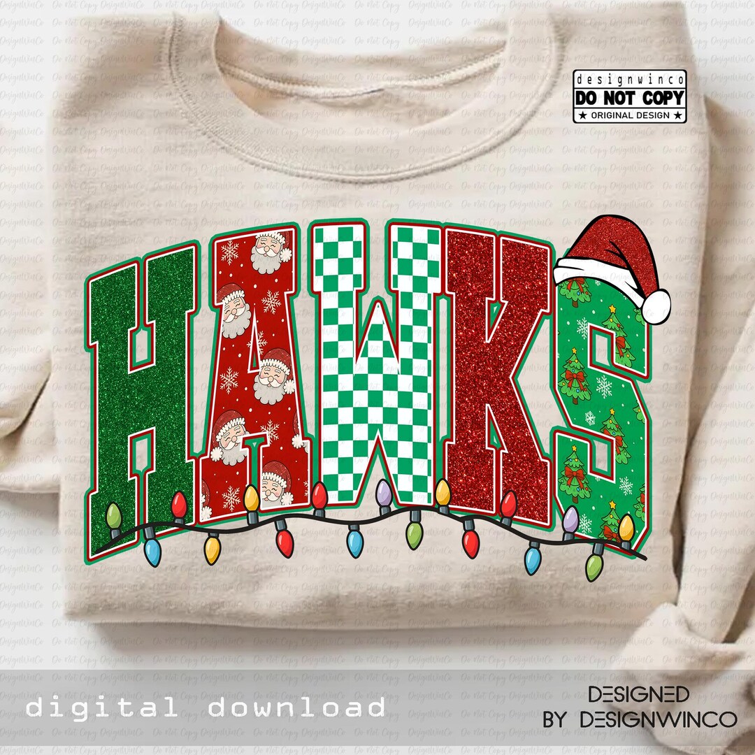 Hawks Christmas PNG, Red Green Glitter Checkered Letters, Retro Santa ...