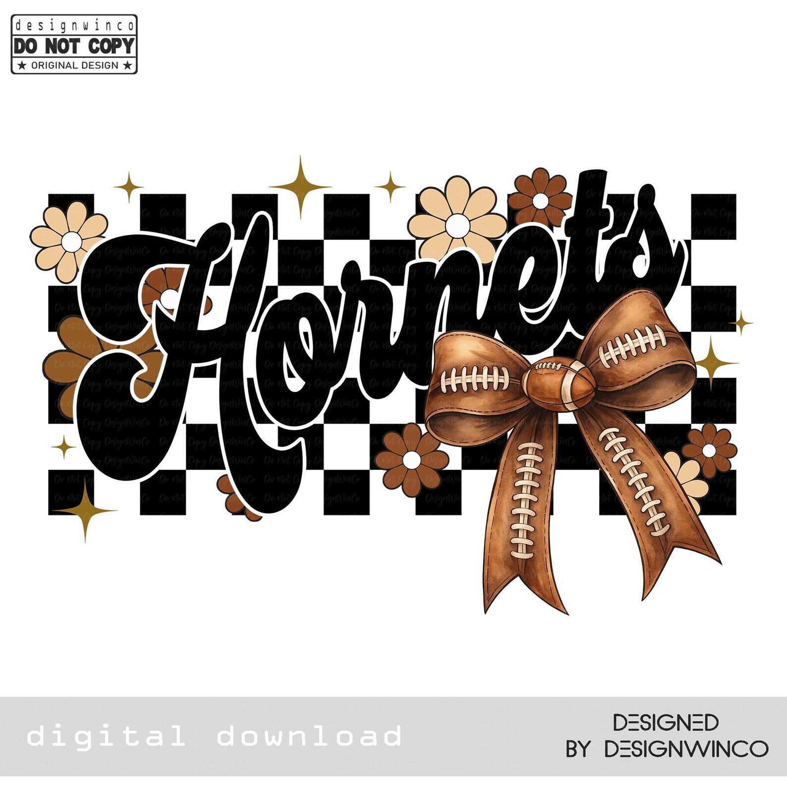 Hornets PNG, Retro Fall Football Checkered Bow Script Mascot Letters ...