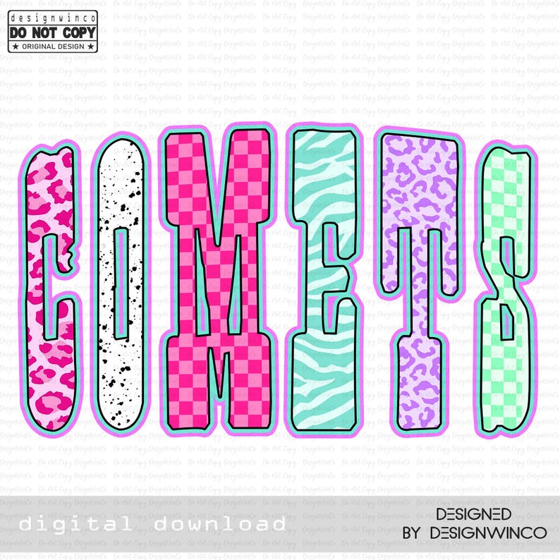 Comets Mascot PNG, School Spirit Wear Sublimation, Neon Checkerboard ...