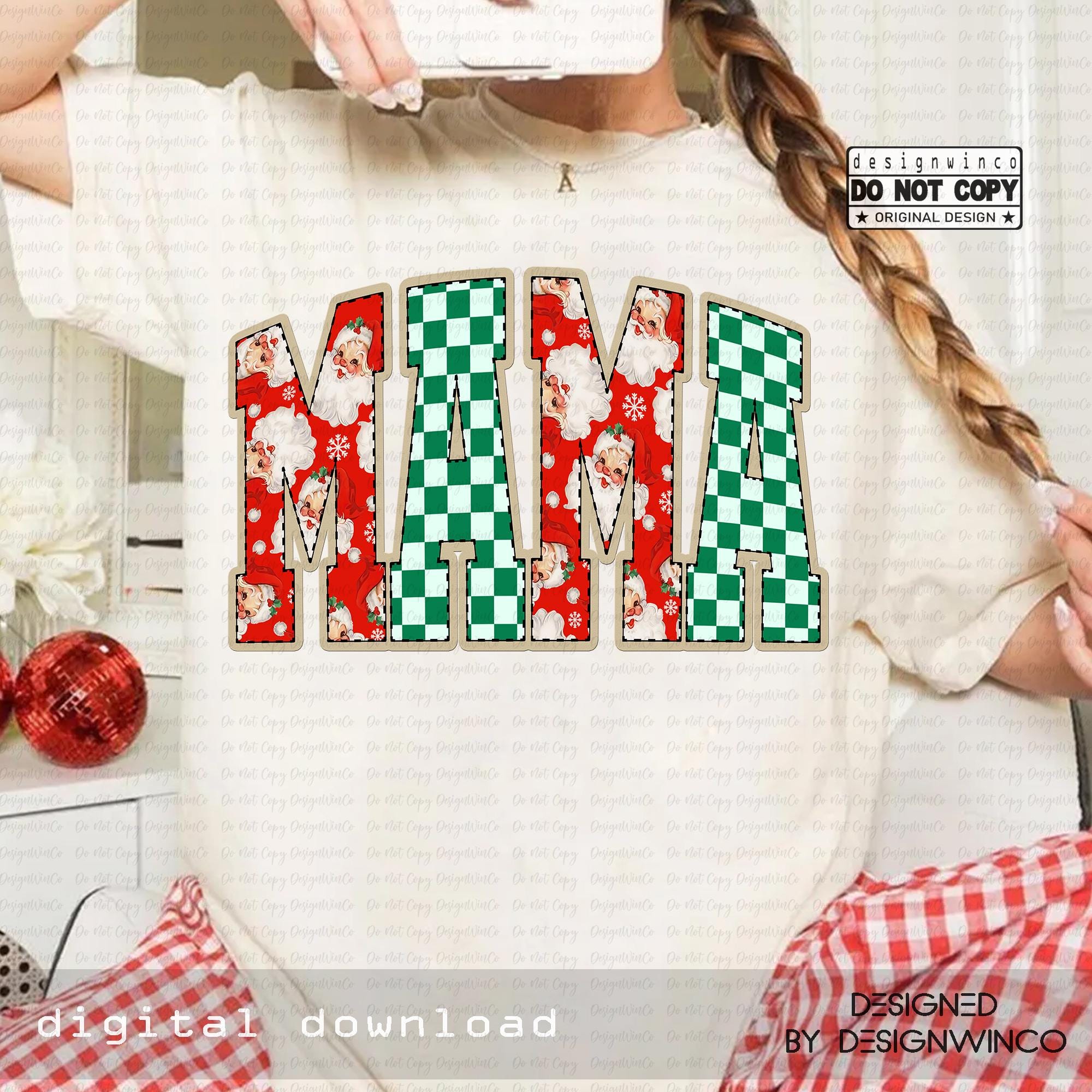Mama Christmas PNG, Santa Face PNG, Retro Festive Checkered Mama ...