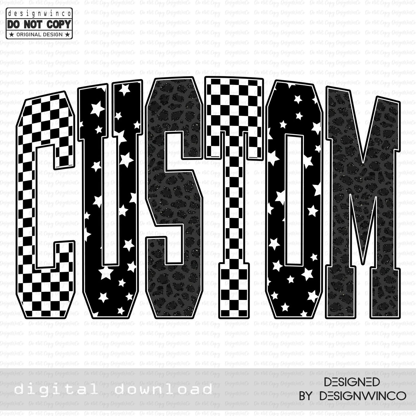 Custom Name PNG, Editable Retro Checker Star Leopard Varsity Letters ...