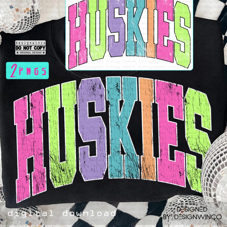 Huskies Mascot PNG, Retro Grunge Rainbow Varsity Letters Sublimation ...