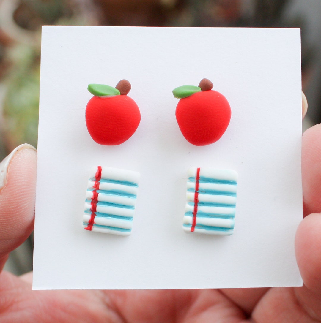 Apple and Lined Paper Stud Earrings. Back to School Teacher - Etsy