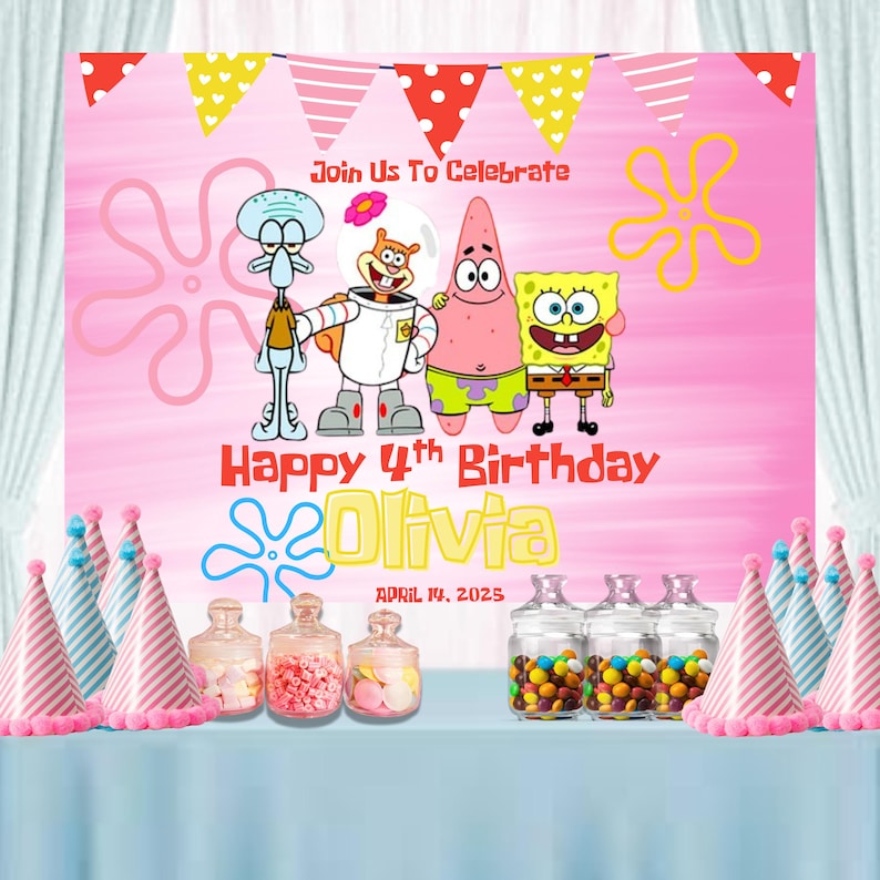 Spongebob Birthday Backdrop | Digital Spongebob Banner | Editable Canva ...