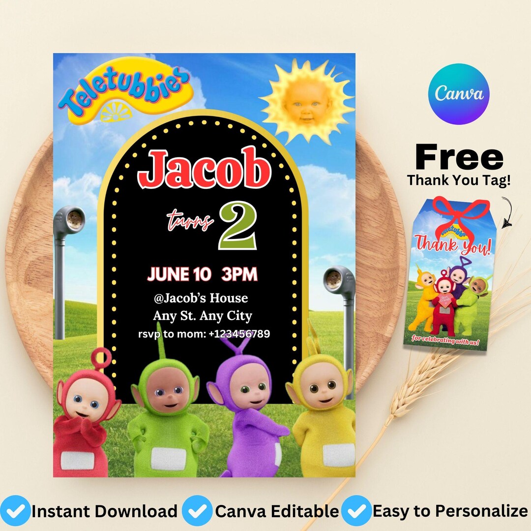 Teletubbies Invitation Template | Editable Birthday Invitation Canva | Teletubbies Invite | Baby ...