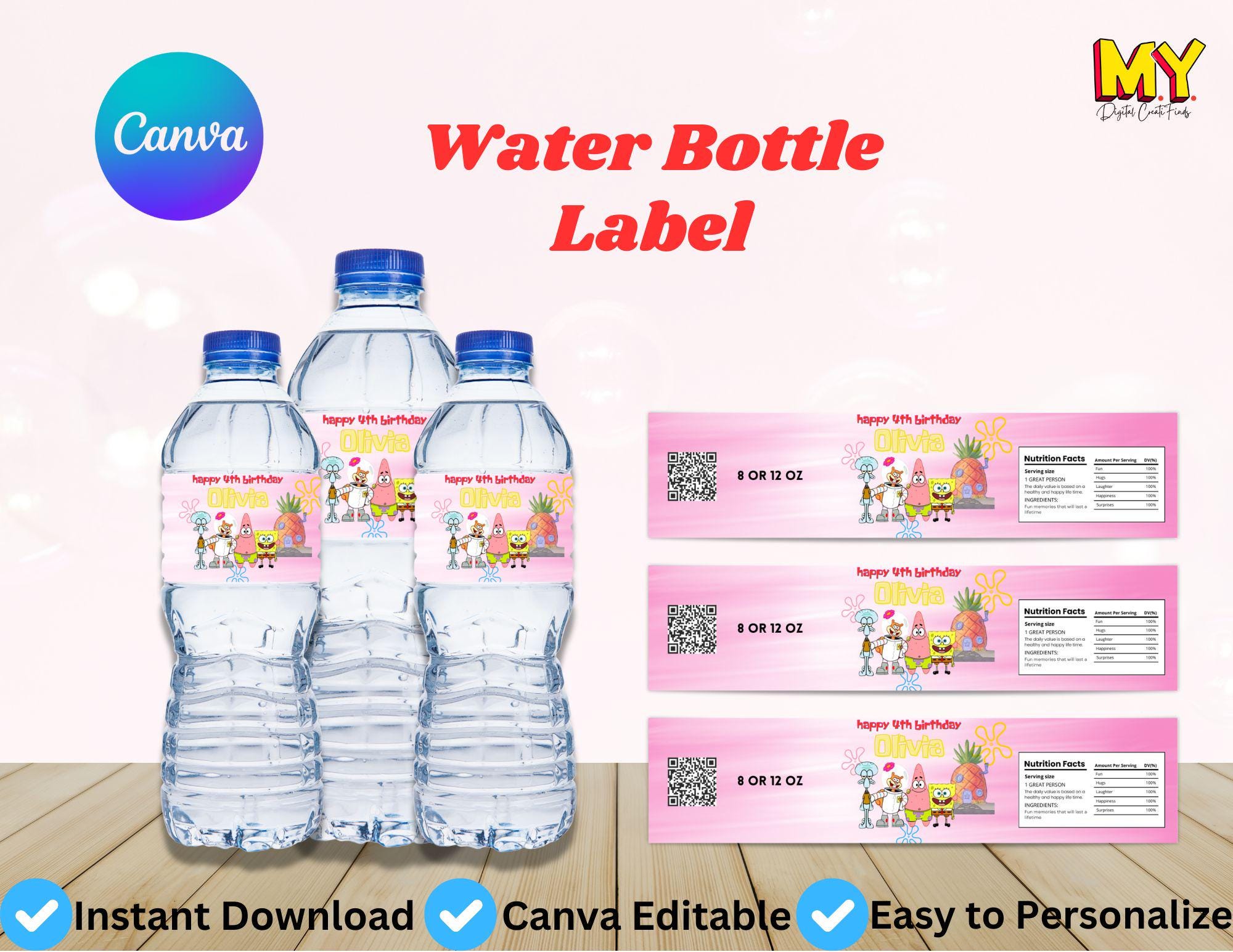 Sponge Water Bottle Labels – Printable Party Decorations – Instant ...