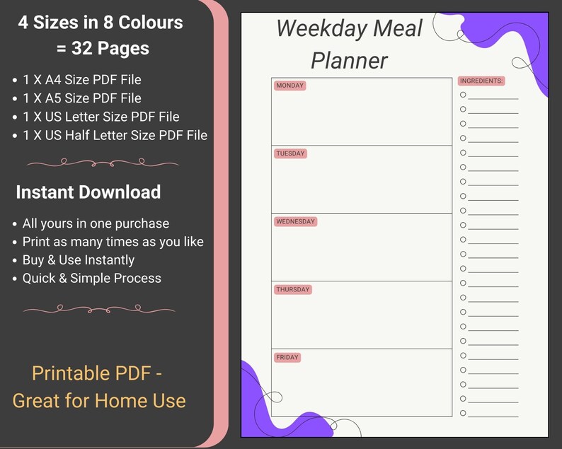 Weekly Meal Planner Printable – 8 Colour Options, Grocery List and Food ...