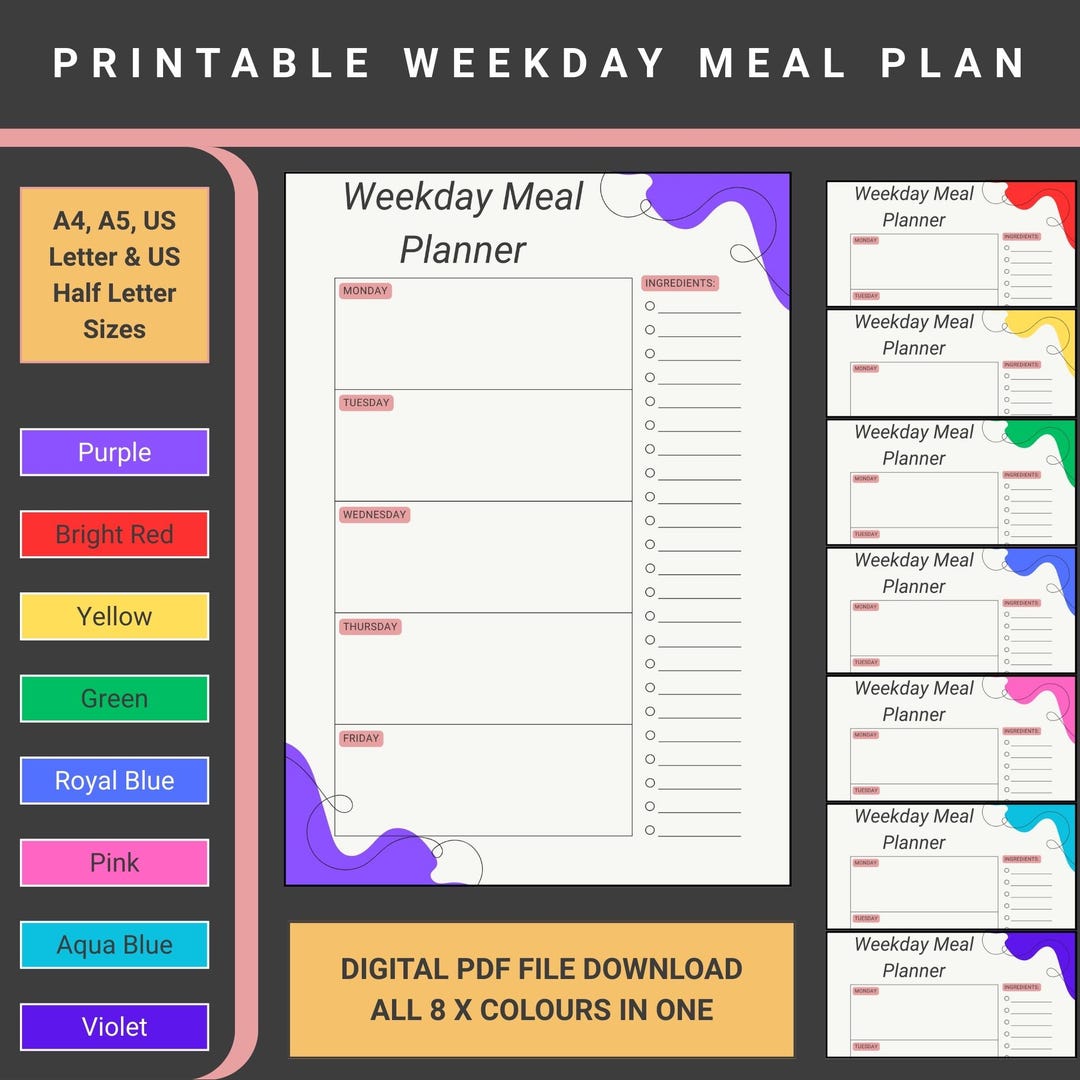 Weekly Meal Planner Printable – 8 Colour Options, Grocery List and Food ...