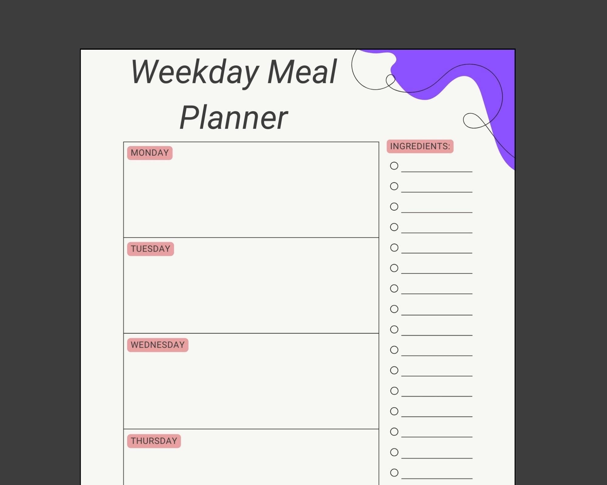 Weekly Meal Planner Printable – 8 Colour Options, Grocery List and Food ...