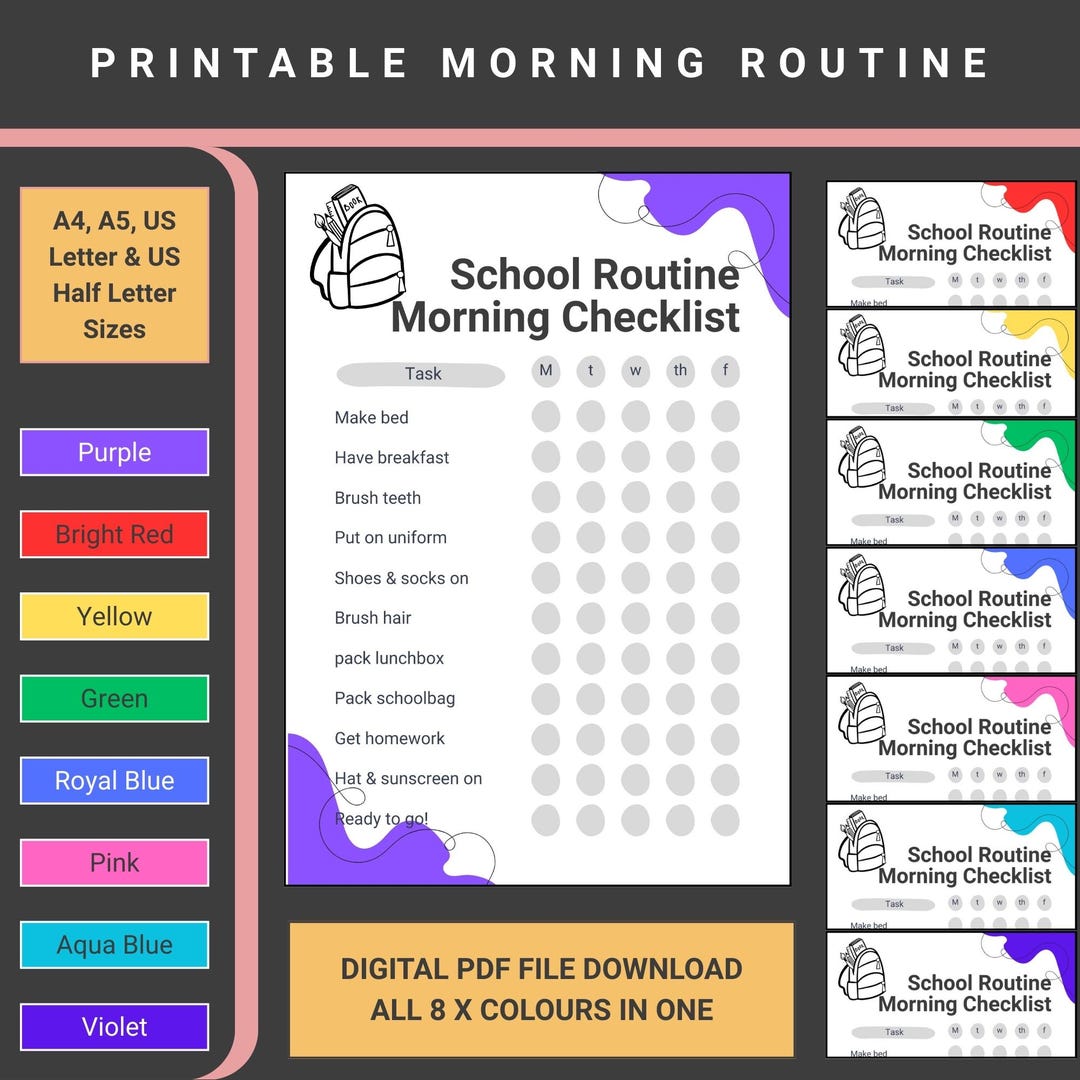 Morning Routine Chart for Aussie Kids – 8 Colour Options, Printable ...