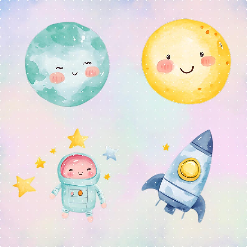 Space Clip Art Bundle - Galaxy PNG, Planets, Rocket, Watercolor Digital ...