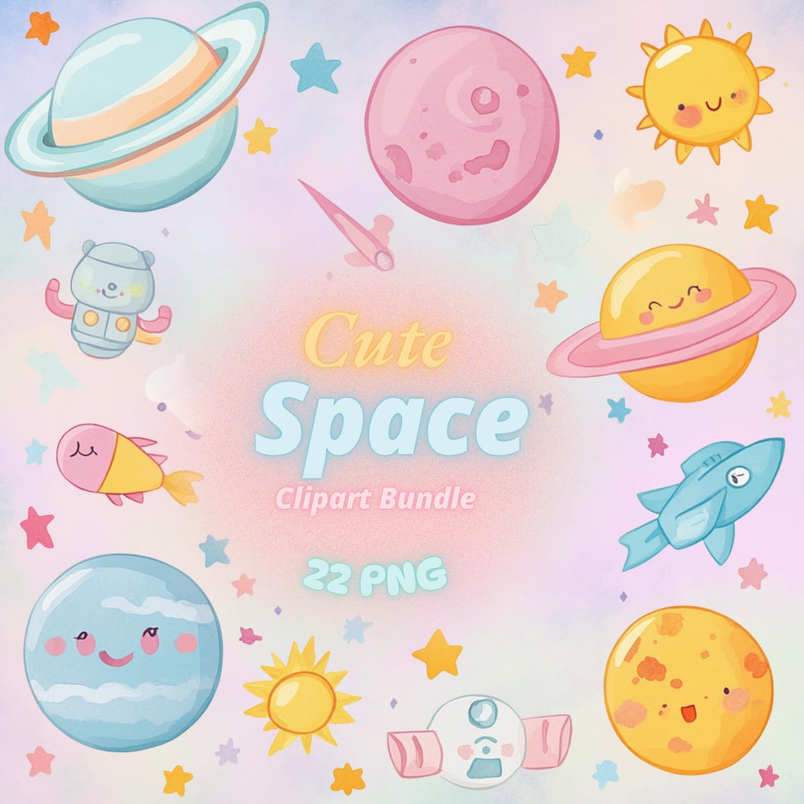 Space Clip Art Bundle - Galaxy PNG, Planets, Rocket, Watercolor Digital ...