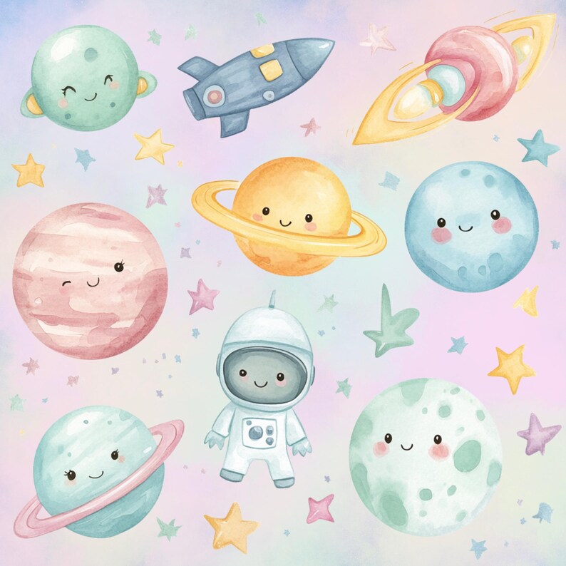 Space Clip Art Bundle - Galaxy PNG, Planets, Rocket, Watercolor Digital ...