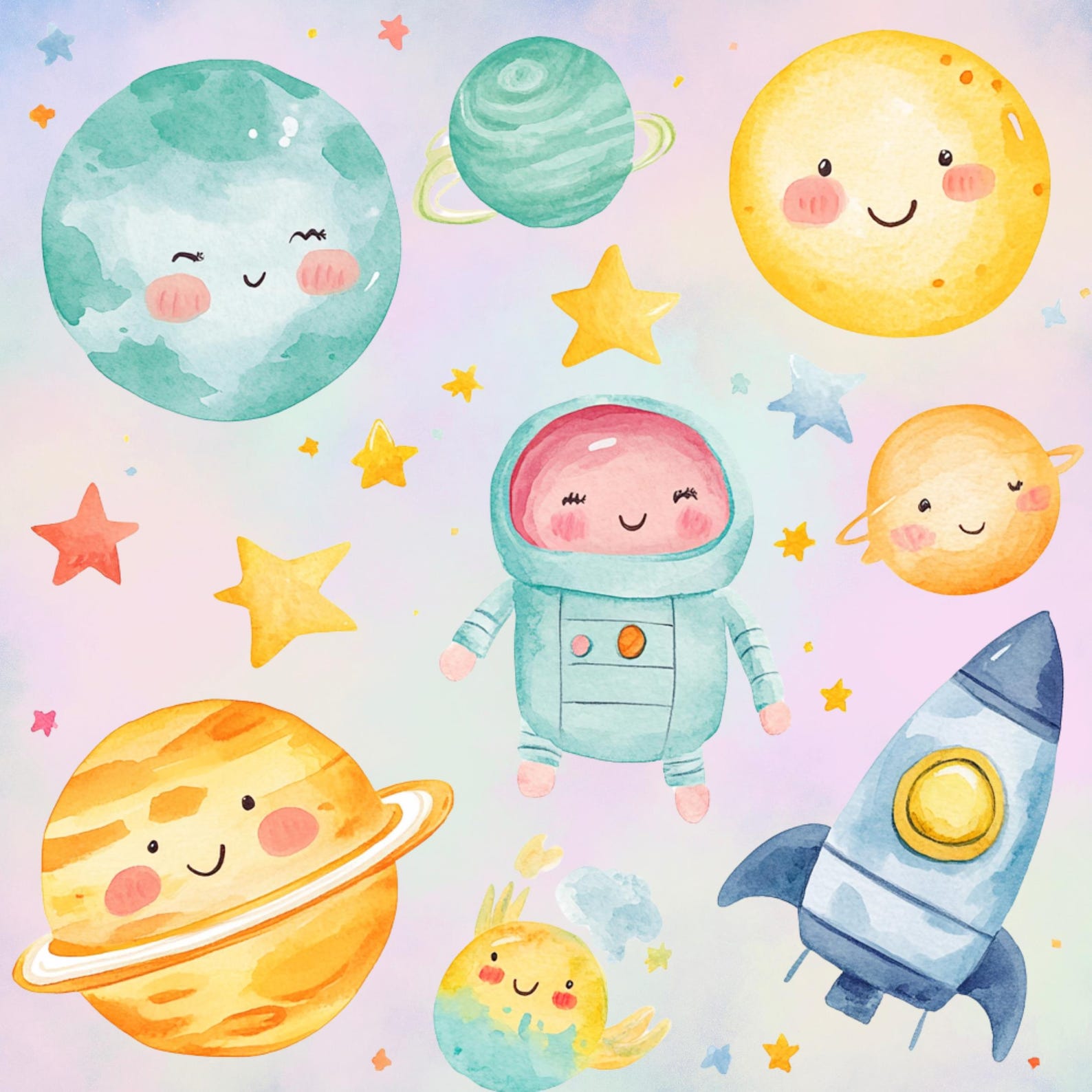 Space Clip Art Bundle - Galaxy PNG, Planets, Rocket, Watercolor Digital ...