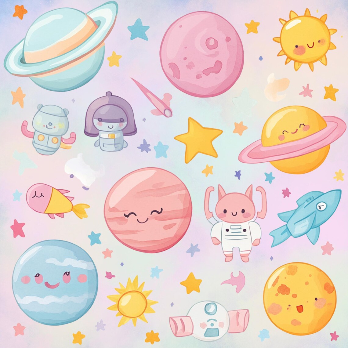 Space Clip Art Bundle - Galaxy PNG, Planets, Rocket, Watercolor Digital ...