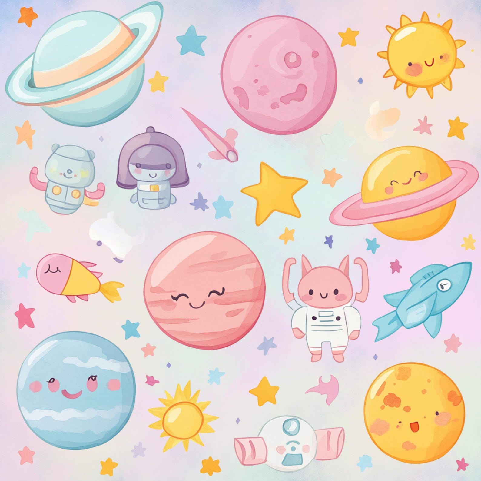 Space Clip Art Bundle - Galaxy PNG, Planets, Rocket, Watercolor Digital ...