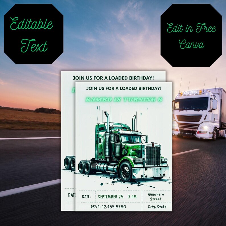 Editable Truck Birthday Invitation: Big Rig Party, Transportation Theme ...