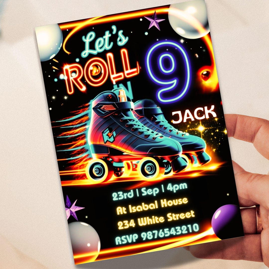 Editable Roller-skating Invitation Glow Party Birthday Invitation, Glow ...