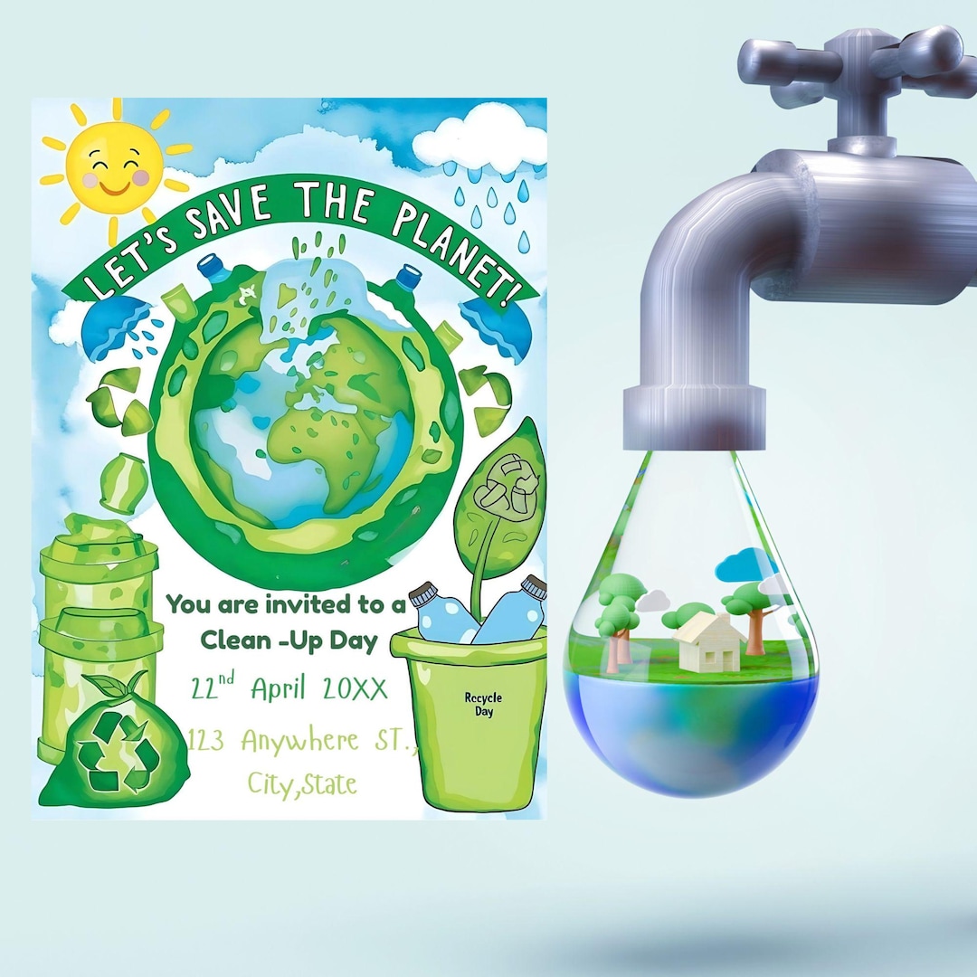 Editable Earth Day Invitation Card, Let's Save the Planet, Watercolor ...