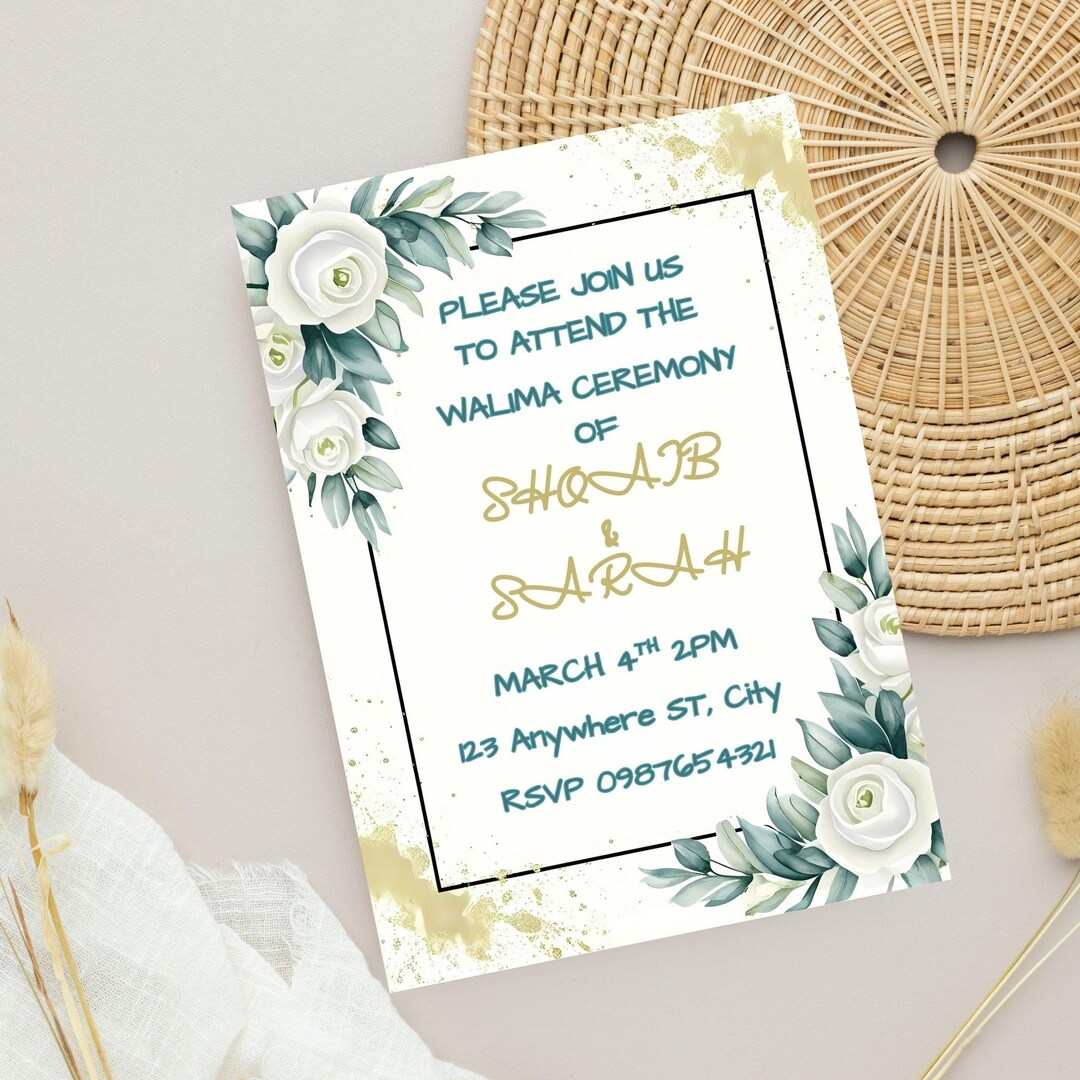 Floral Walima Invitation: Elegant Green & Gold Design (digital Download ...