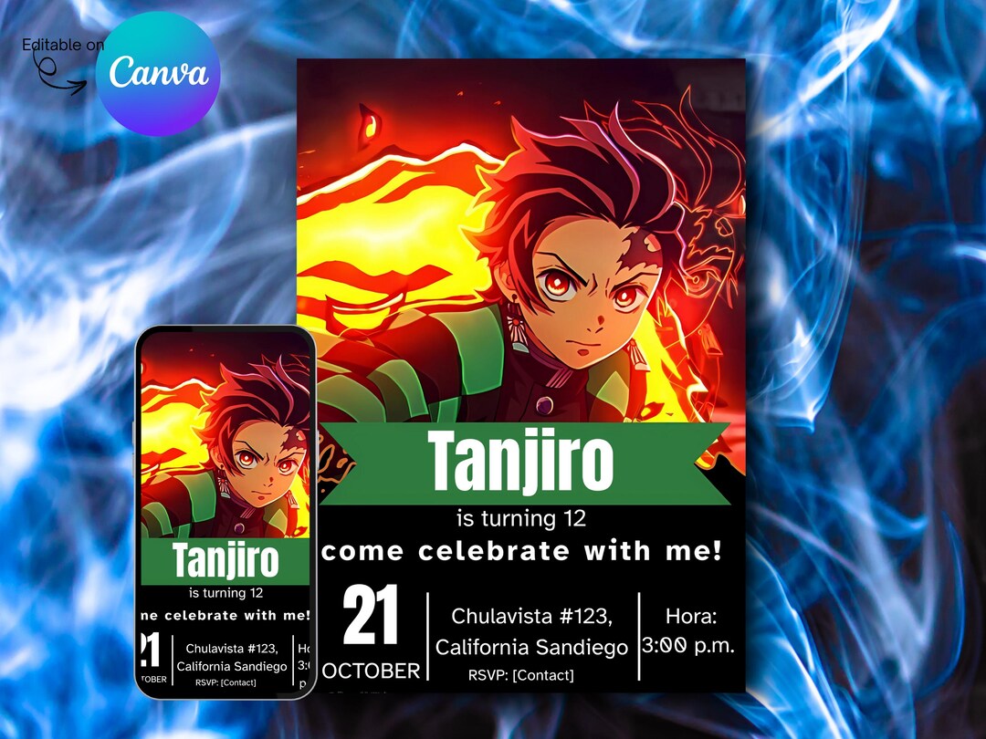 Inspired Demon Slayer Birthday Invitation Tanjiro Kamado Digital Invite ...