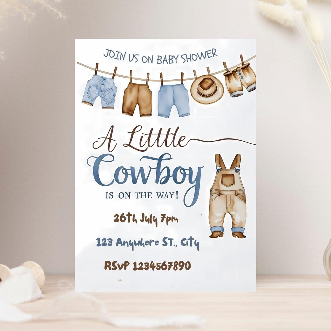Cowboy Baby Shower Invitation: Dusty Blue Clothesline (digital Download) - Etsy