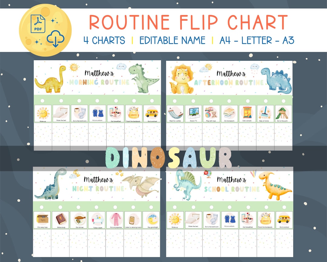 Dinosaur Routine Flip Chart for Kids, Editable Toddler Chore Chart ...