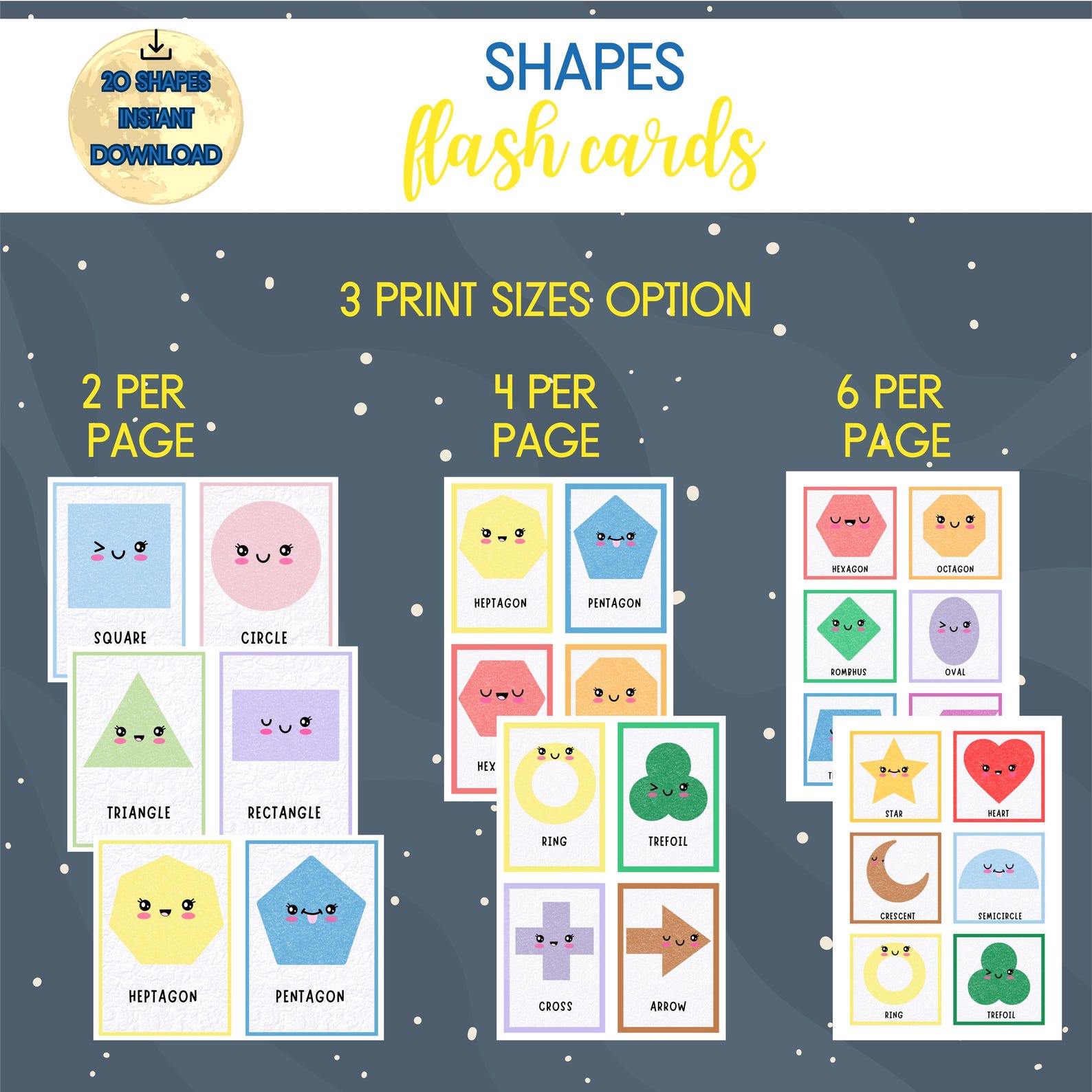 20 Kawaii Geometric Shape Flashcards, Preschool Materials, Printable ...