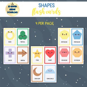 20 Kawaii Geometric Shape Flashcards, Preschool Materials, Printable ...